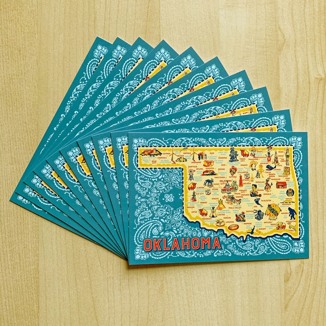 Oklahoma Map Postcards: Bandana Border, Set of 10 - Etsy