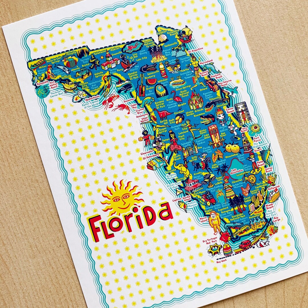 Florida Postcard, 6" X 4.25", Florida Map Postcard, FL Map Postcard - Etsy