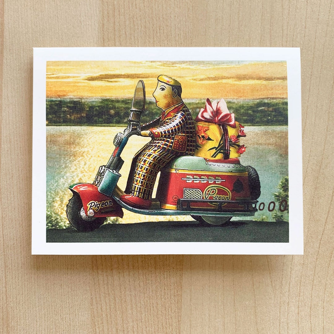 Vintage Scooter Birthday Card, Tin Toy Cyclist With Gift - Etsy