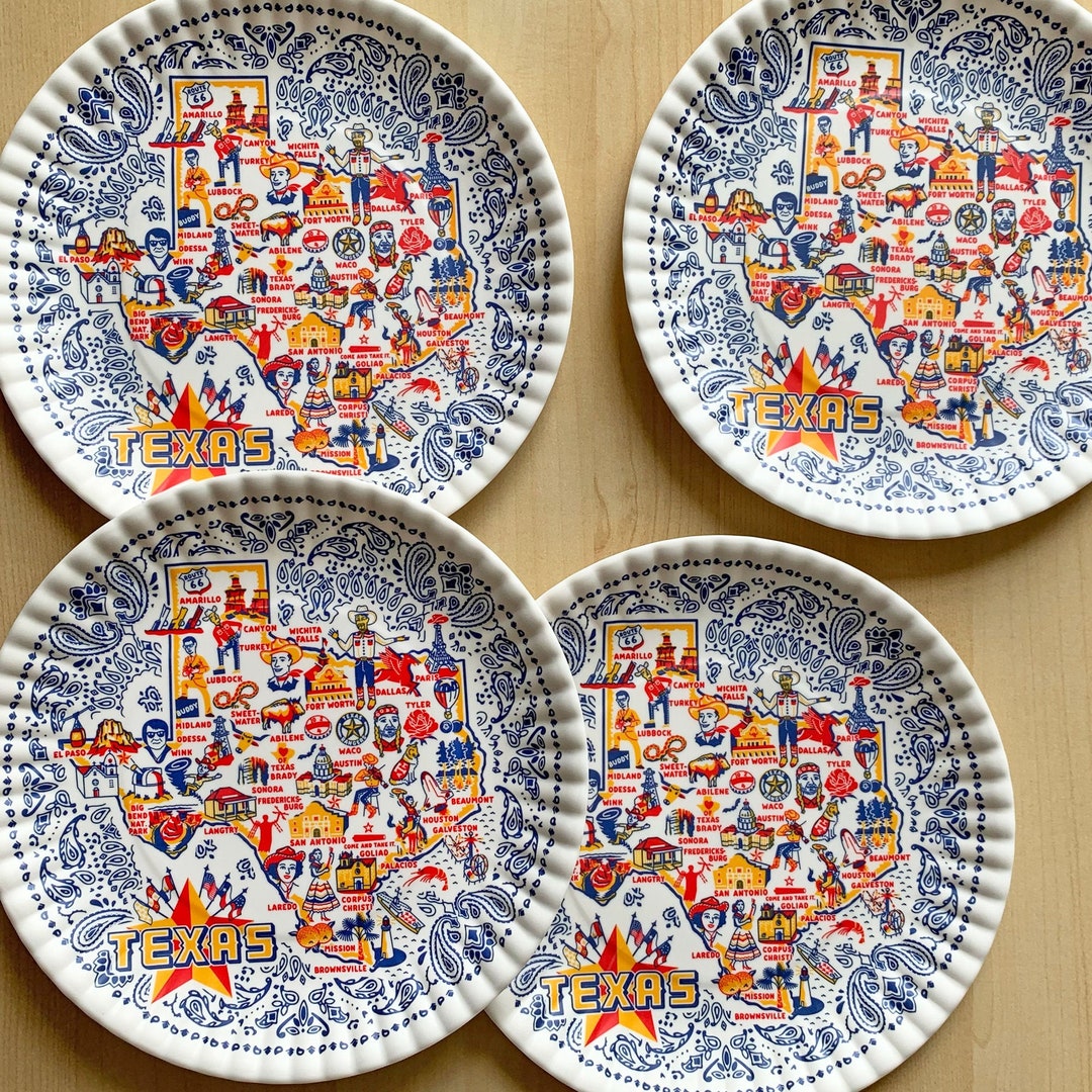Texas Map Plates: 9" Melamine TX Icons With Bandana Border, Set of 4 - Etsy