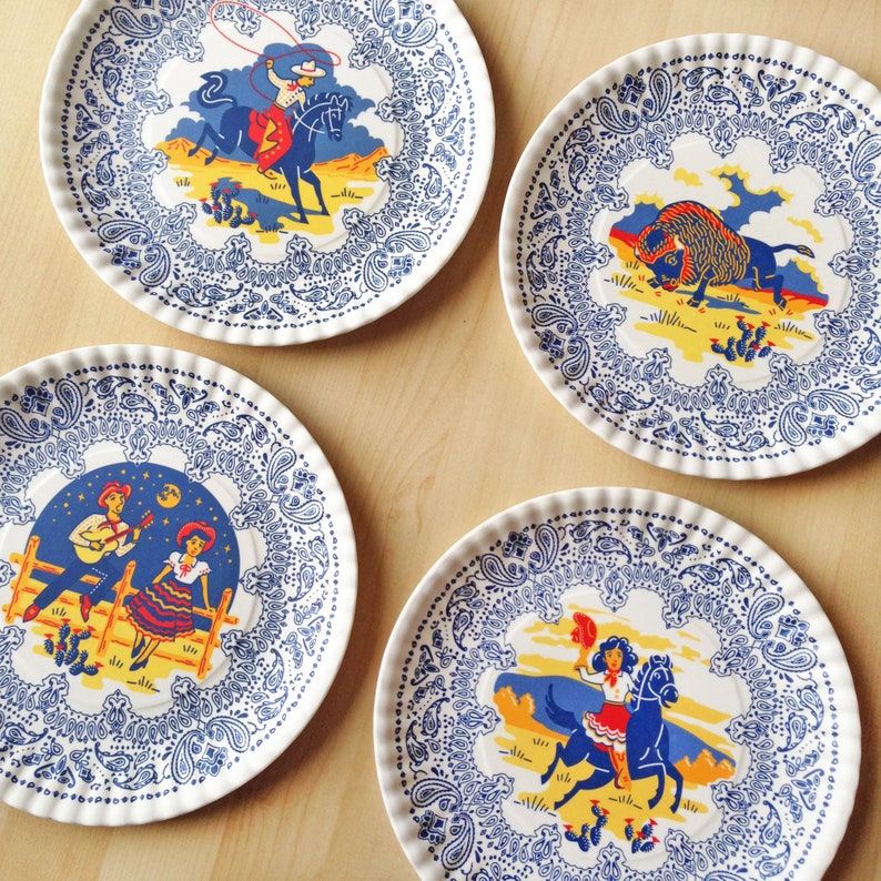 Western Plates, 7.5" Melamine Plates, Set of 4: Cowboy, Cowgirl ...