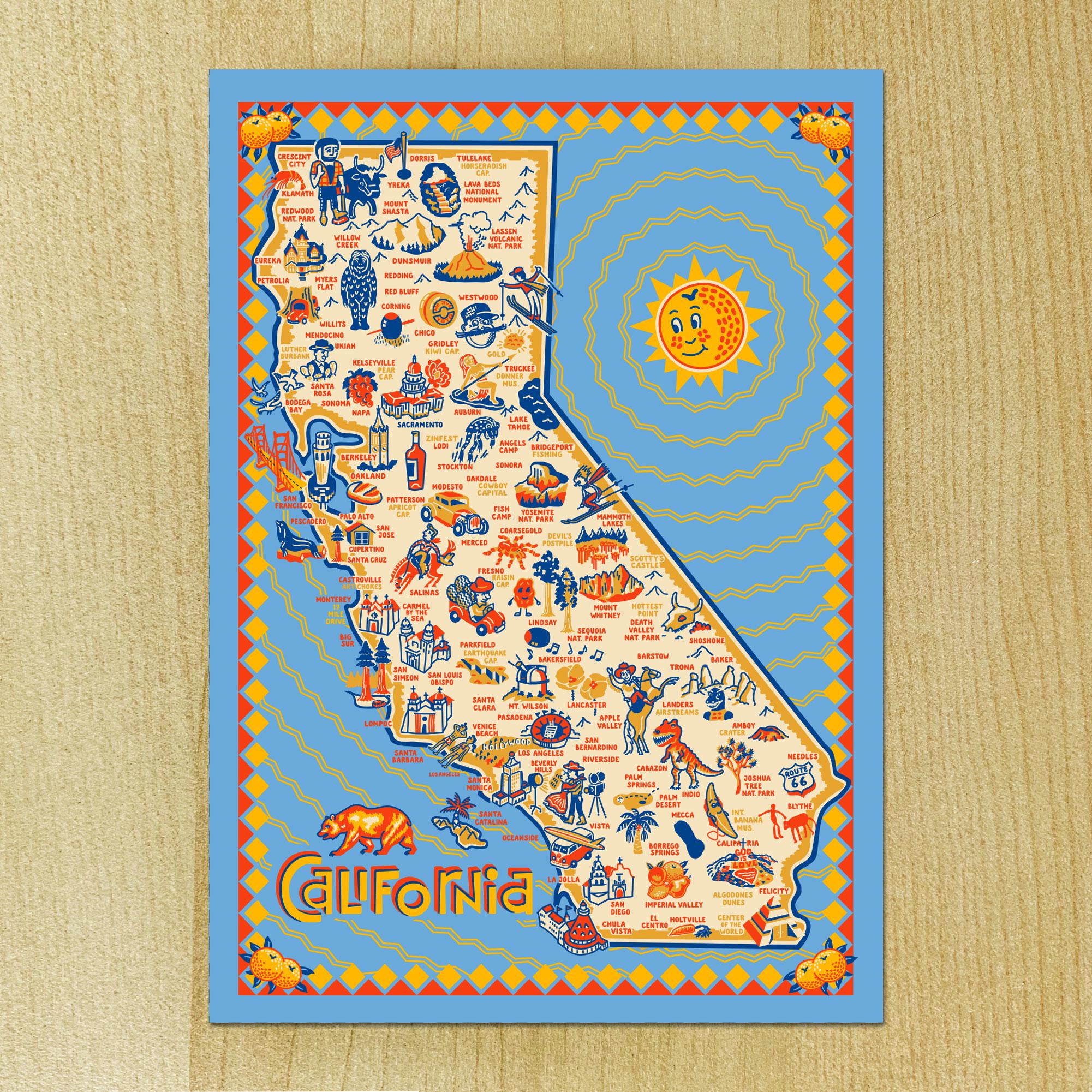 California Map Postcard, Illustrated Landmarks, 6x4.25" - Etsy