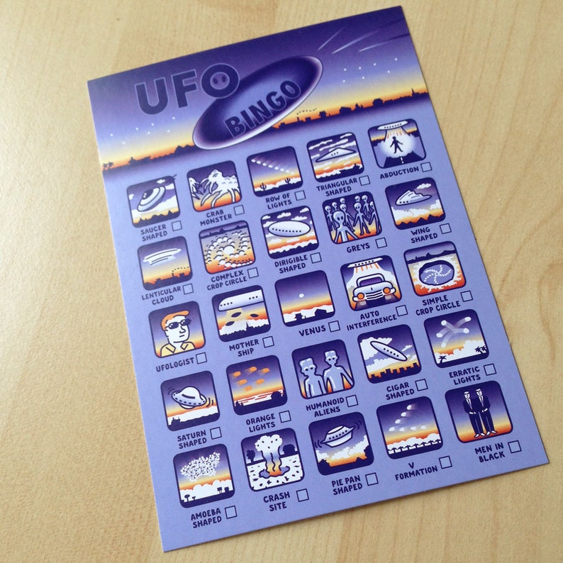 UFO Postcard: Aliens & Flying Saucer Bingo, 4.25x6" - Etsy