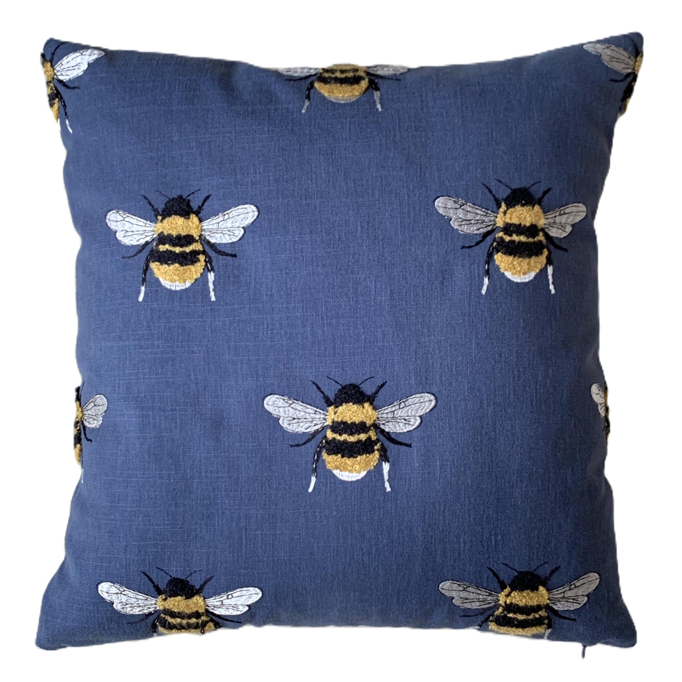 Bumble Bee Embroidered Pillow Cover on Blue Ground - Etsy