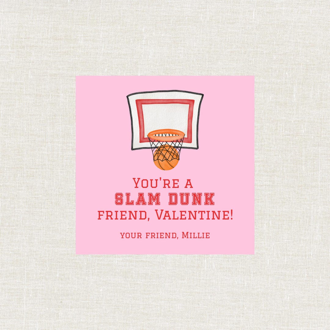 Watercolor Pink Basketball Valentine Tag, Class Party Favor, Sports ...
