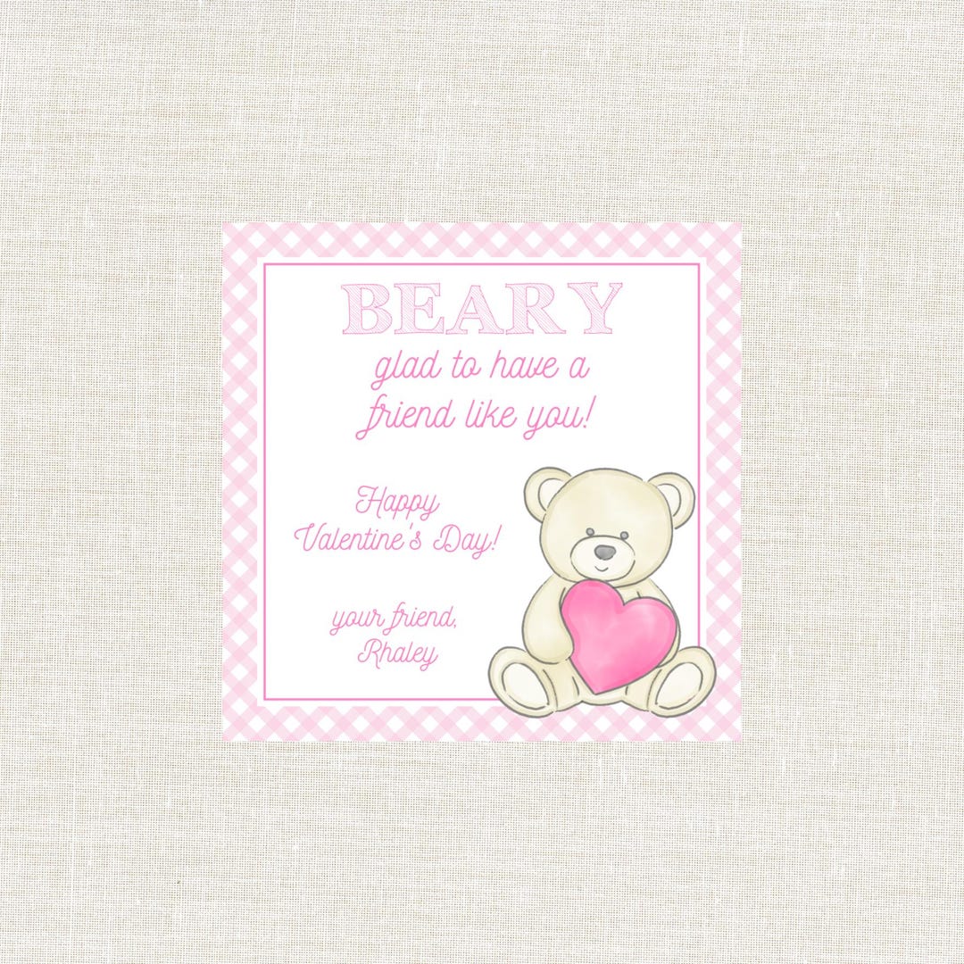 Watercolor Bear Valentine Tag, Class Party Favor, Beary Glad We Are ...