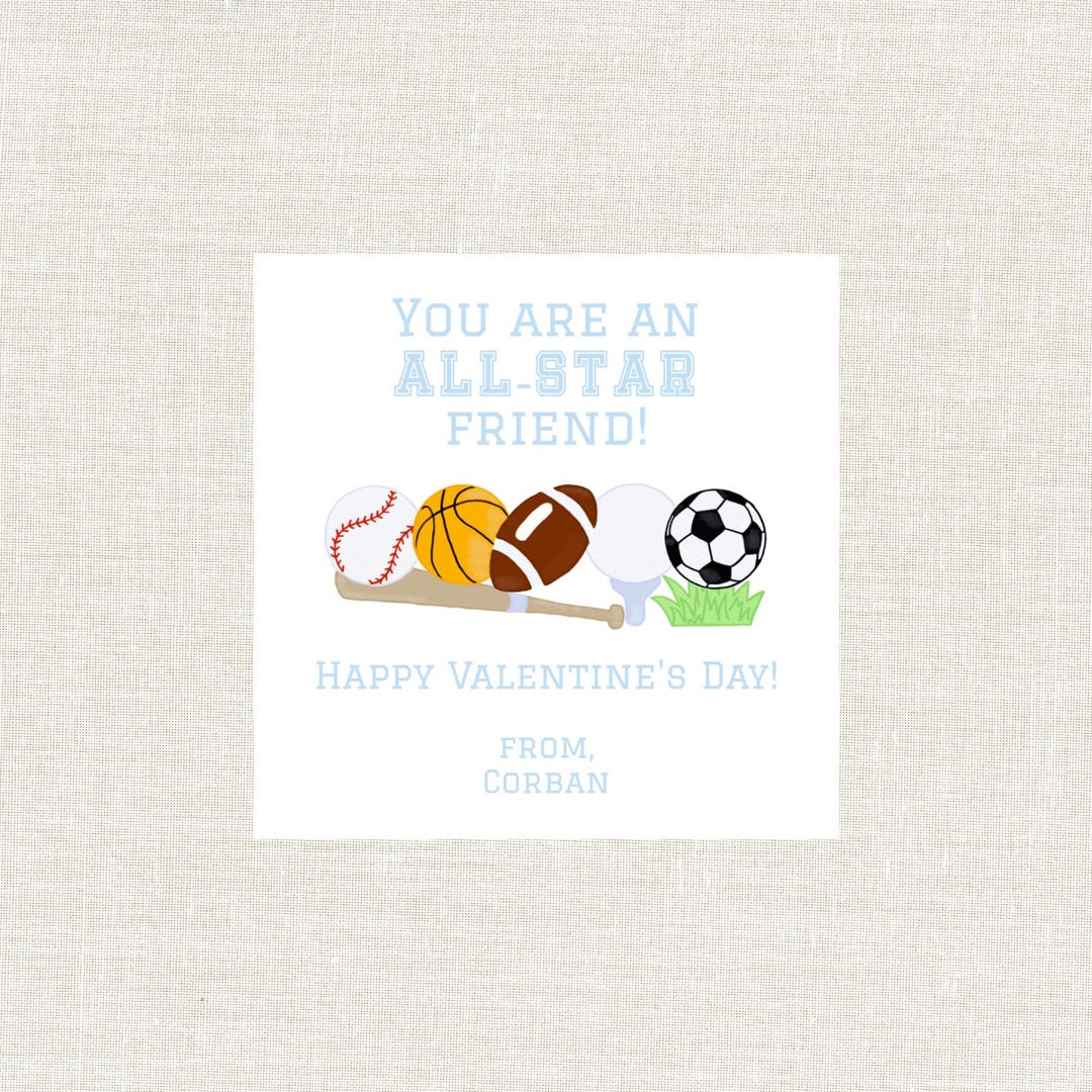 Watercolor Boy All Star Friend Valentine Tag, Class Party Favor, Sports ...
