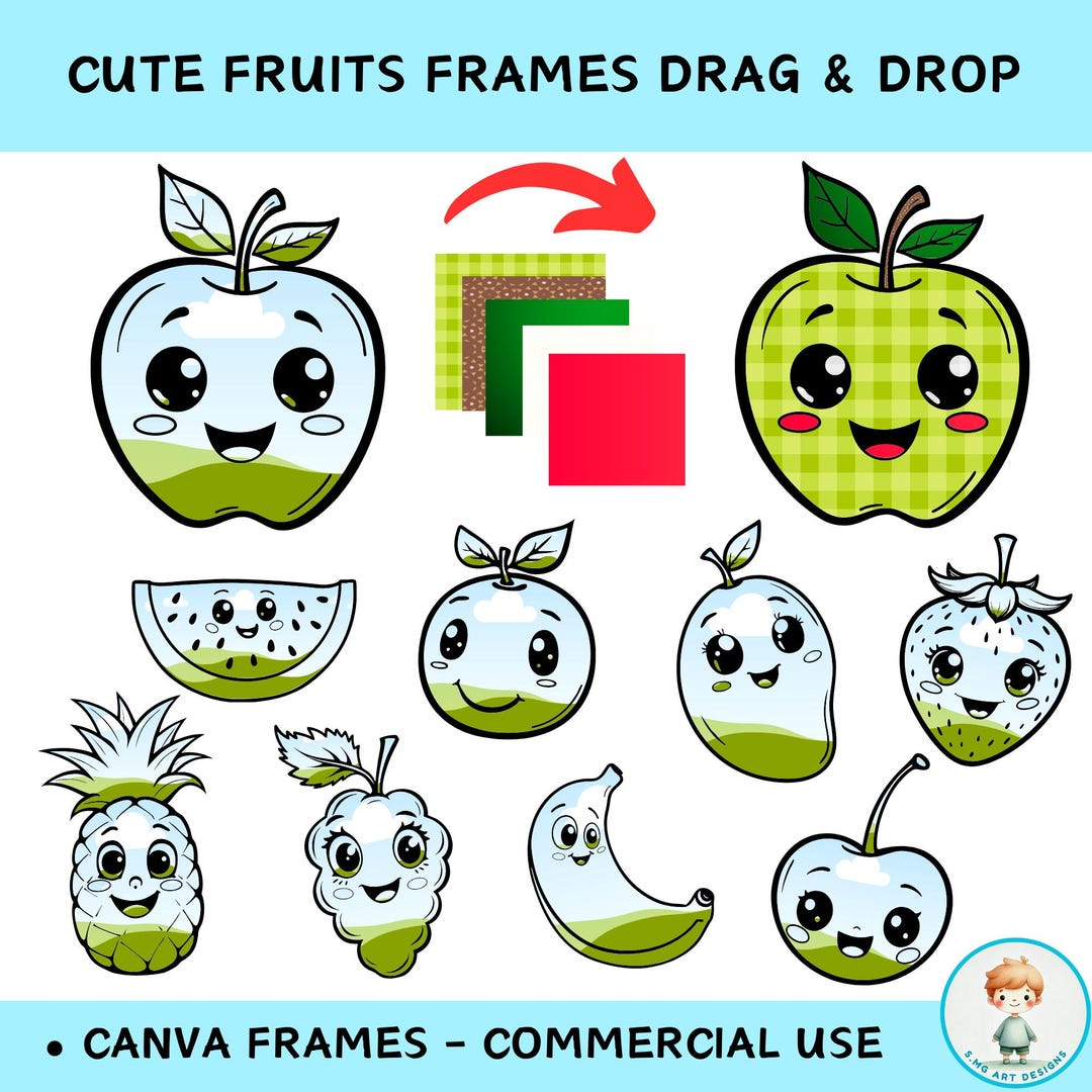 Cute Fruits Canva Frames, Drag and Drop Canva Frames for Fruity Themed ...