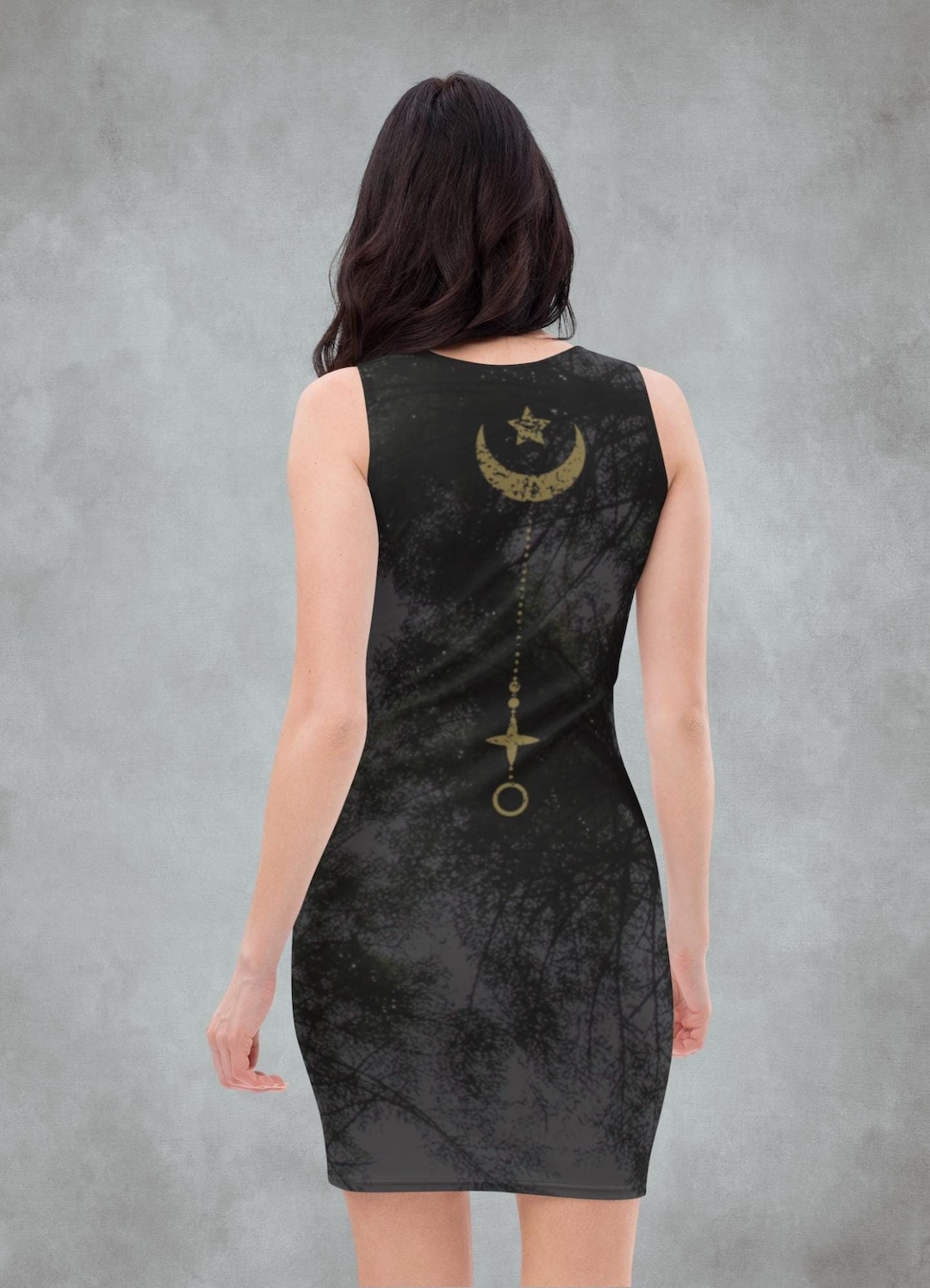Womans Short Moon Phase Printed Tie Dye Dress~mystical Black Bodycon ...