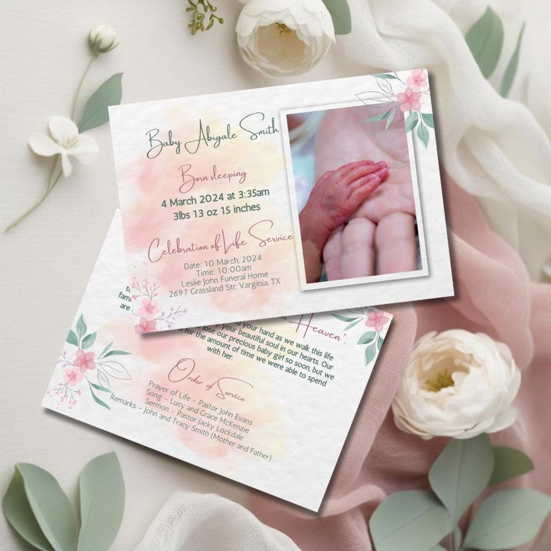 Girl Stillborn Funeral Card Double-sided Memorial Template Celebration ...