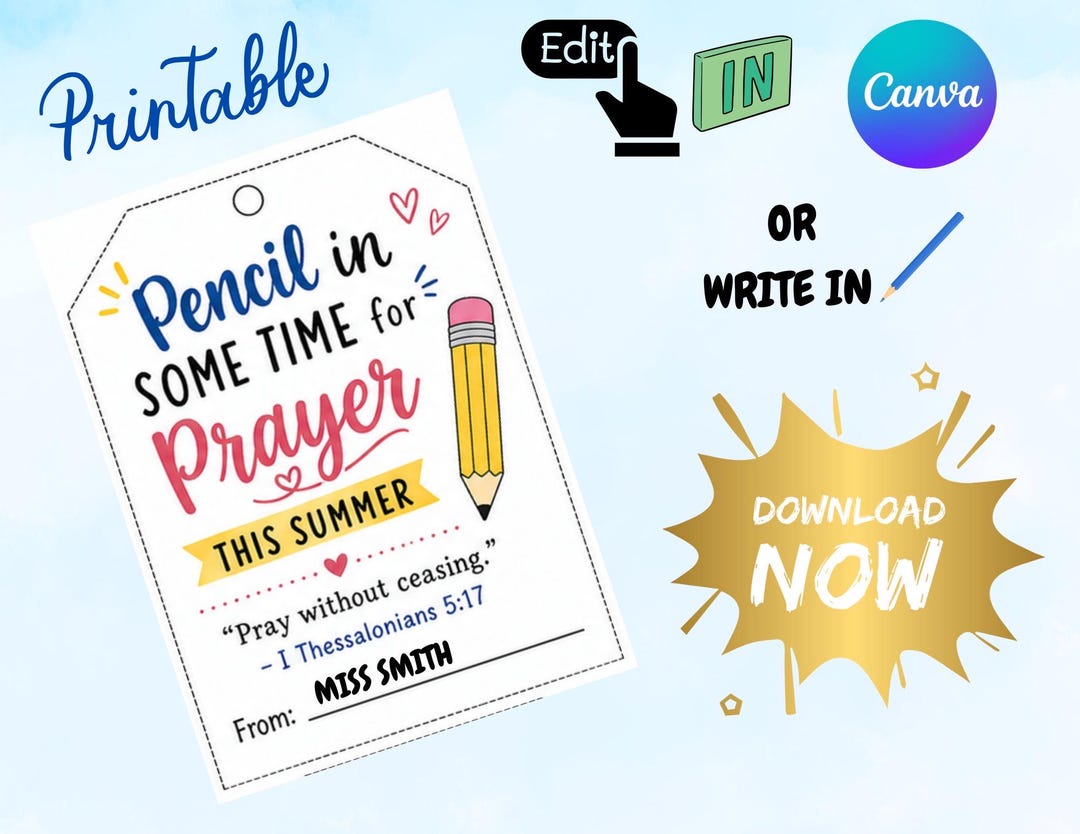 Editable Pencil Prayer Gift Tags Christian Student Gift Summer Prayer ...