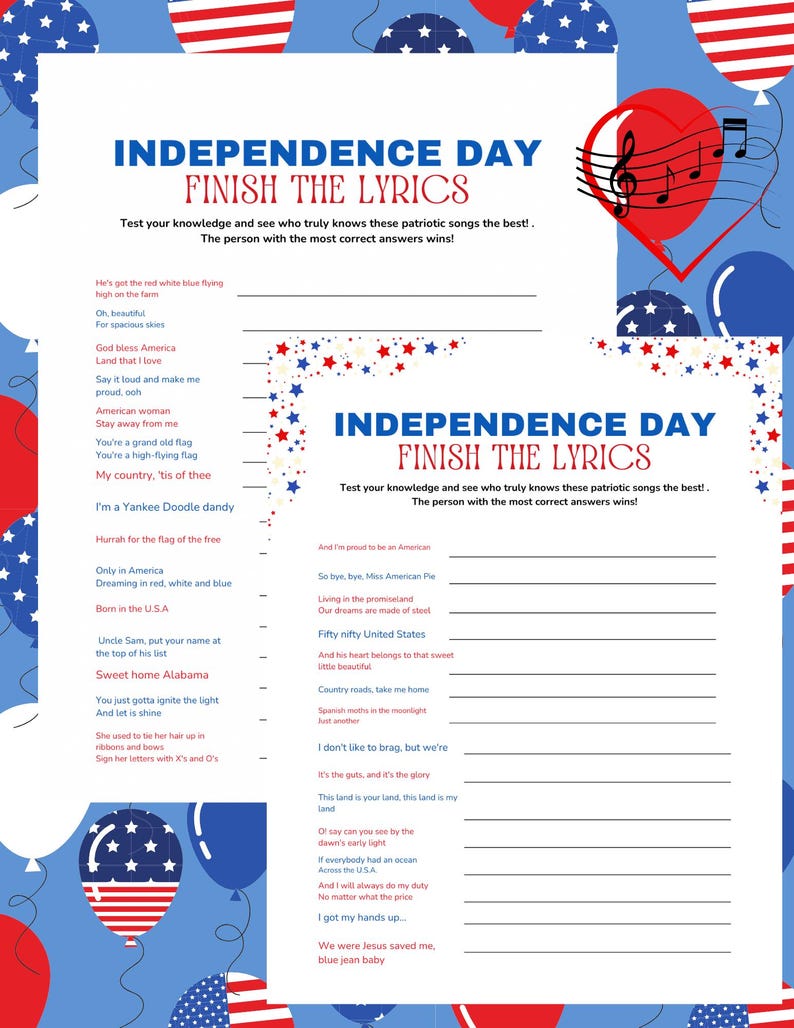4th of July Finish the Lyrics Game Patriotic Songs Printable Trivia ...