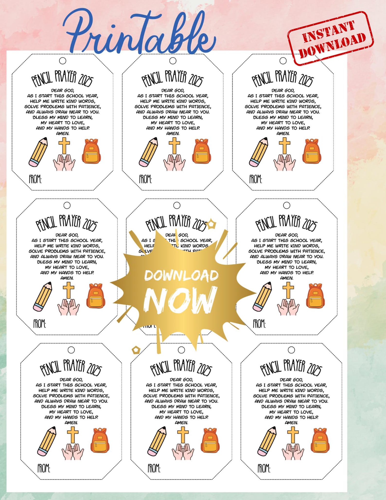 Pencil Prayer Gift Tags: Back to School Blessing (printable PDF File ...