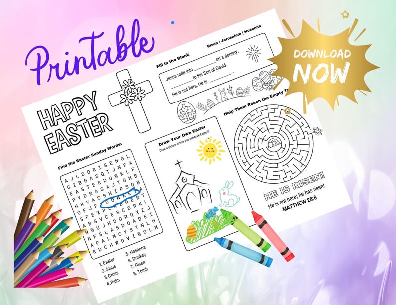 Christian Easter Activity Placemat Printable He is Risen Kids Worksheet ...