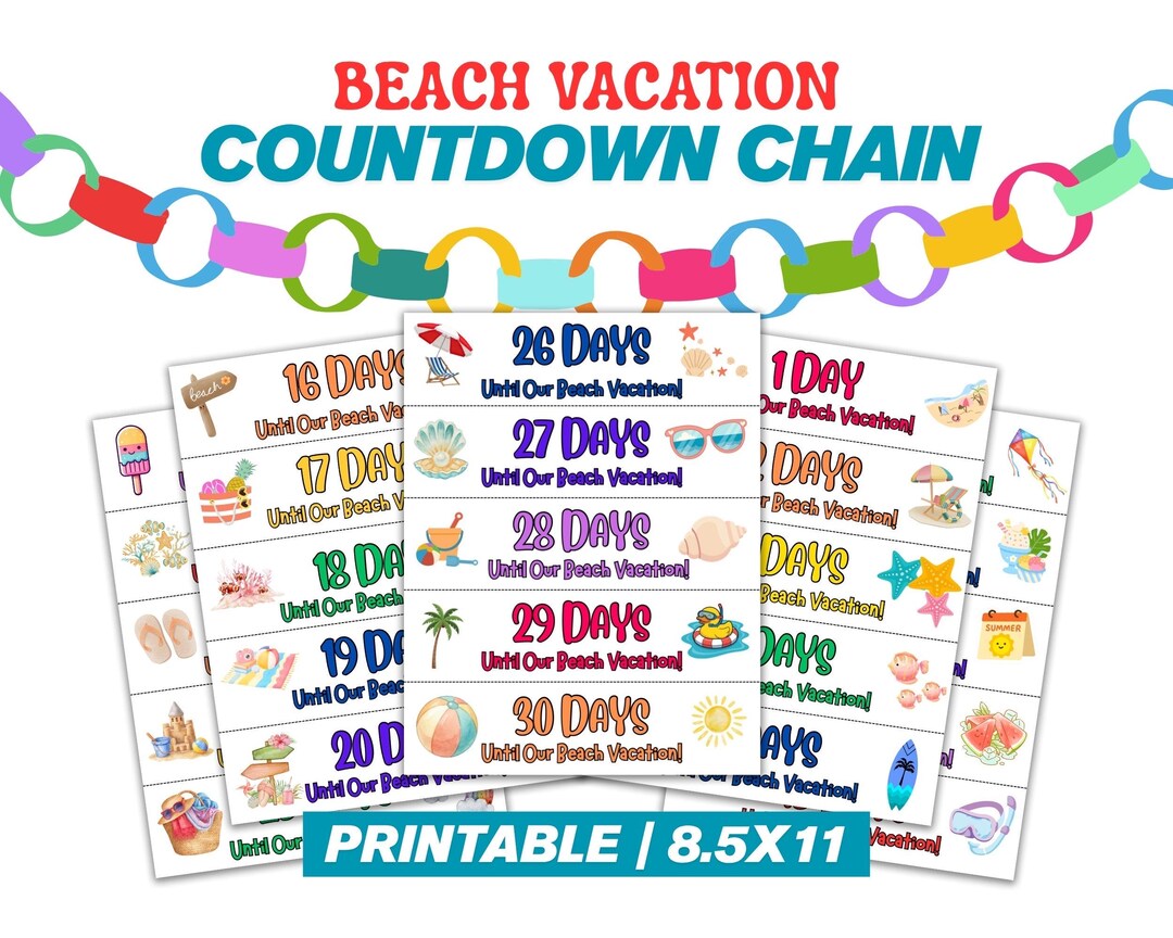 Beach Vacation Countdown Chain Printable | 30 Day Vacation Countdown ...