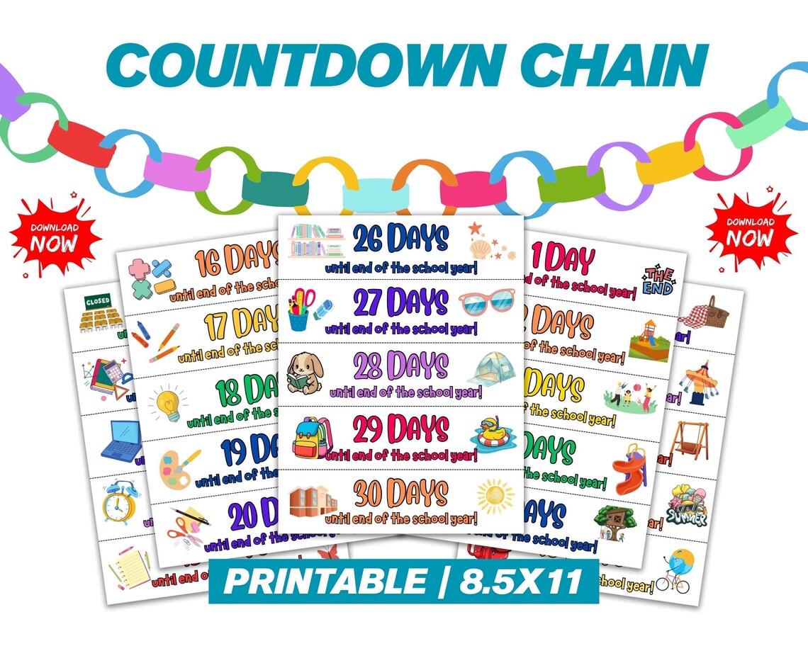 Last Day of School Countdown Chain Printable | End of School Year ...