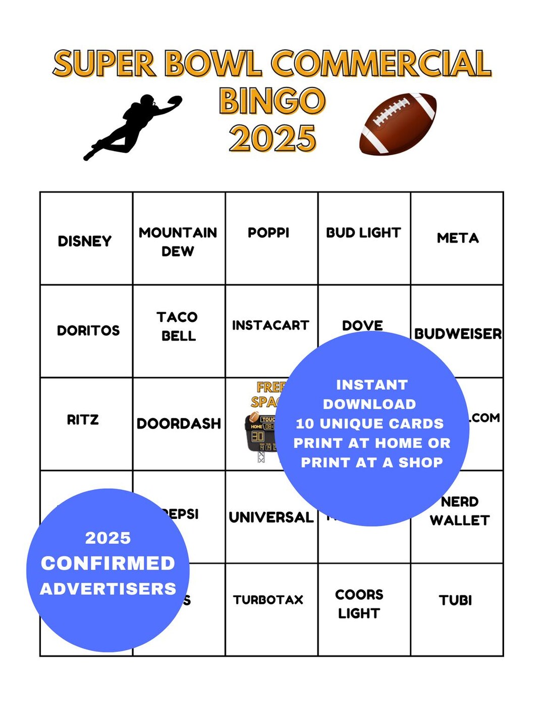 The Big Game Commercial Bingo Super Bowl Commercials Bingo Football ...