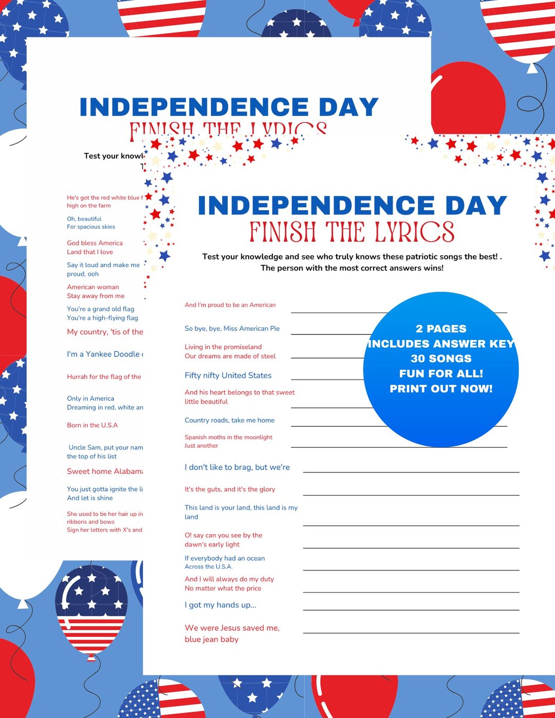 4th of July Finish the Lyrics Game Patriotic Songs Printable Trivia ...