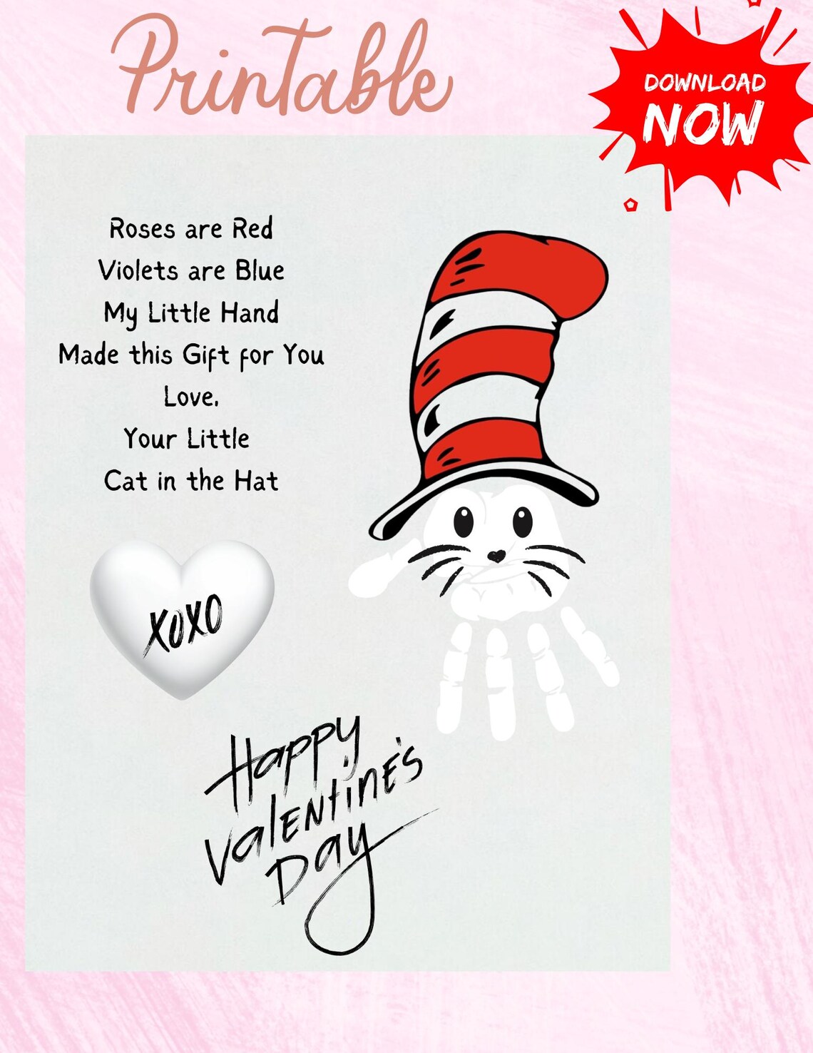 Cat in the Hat Valentine Handprint Craft Toddler Valentine Printable ...