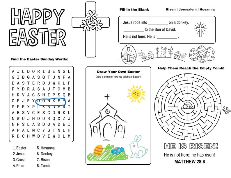 Christian Easter Activity Placemat Printable He is Risen Kids Worksheet ...