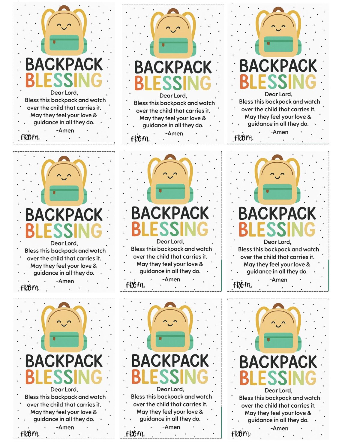 Backpack Blessing Cards: Christian Prayer Gift Tags (8.5x11 PDF Printable - Etsy