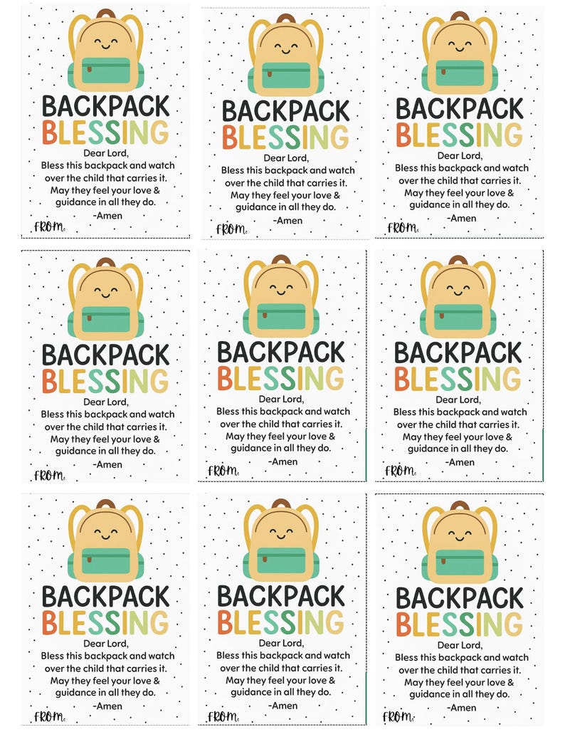 Backpack Blessing Cards: Christian Prayer Gift Tags (8.5x11 PDF ...
