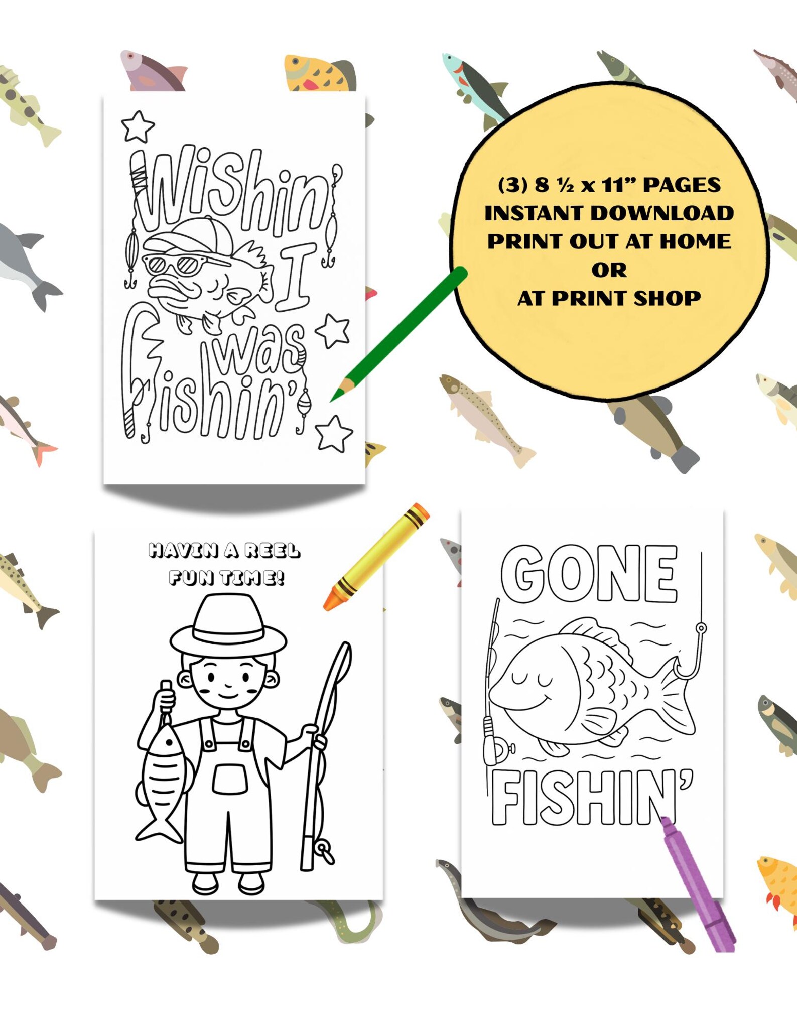 Fishing Coloring Pages: Kids' Summer Activity Bundle (PDF Download) - Etsy