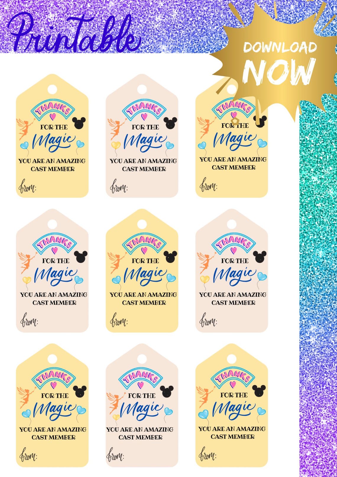 Disney Cast Member Appreciation Gift Tags Printable Thank You Tags for ...