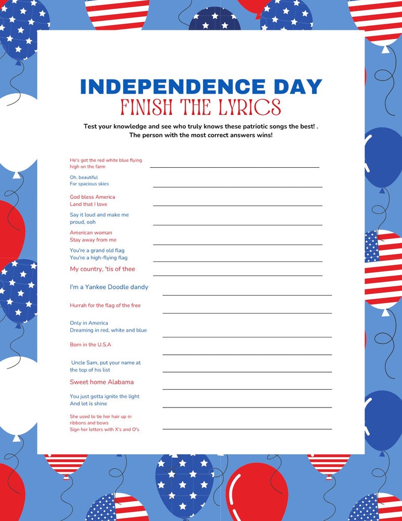 4th of July Finish the Lyrics Game: Patriotic Song Trivia (PDF Download ...