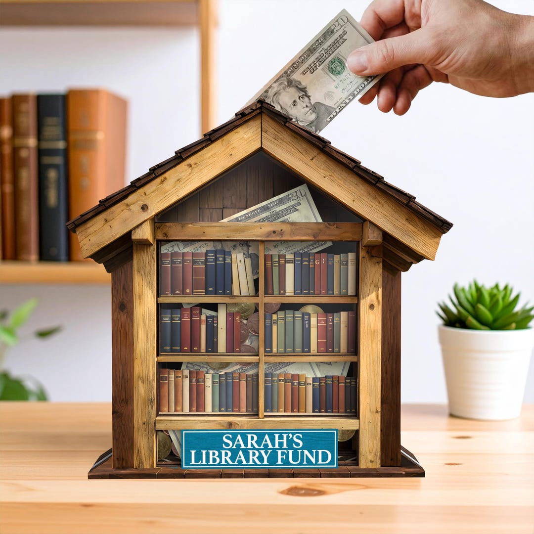Custom Library Sign,book Lover Piggy Bank,reading Fund Money Box,book ...