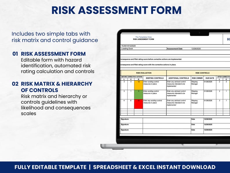 Editable Risk Assessment Template | HSE Excel Spreadsheet (digital ...