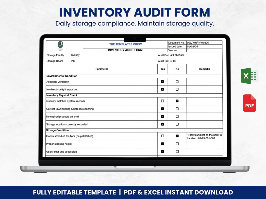 Daily Inventory Audit Checklist Form Template. Excel Printable PDF - Etsy