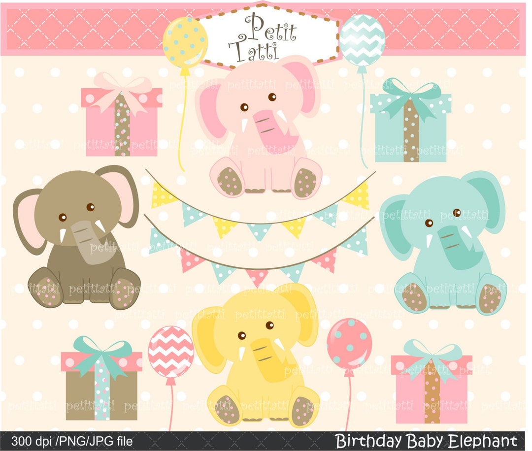 ON SALE Birthday Pink Elephant Clip Art, Baby Girl Birthday Clip Art ...