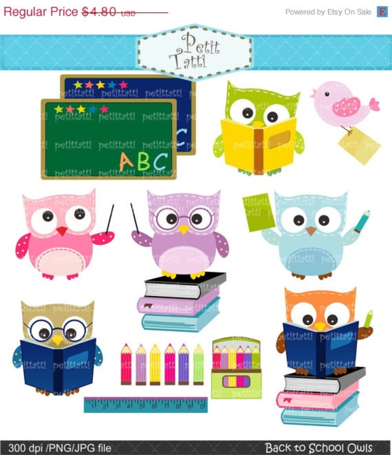 ON SALE School Owl Clipart - Owls Clip Art, Digital Clipart, Back to ...