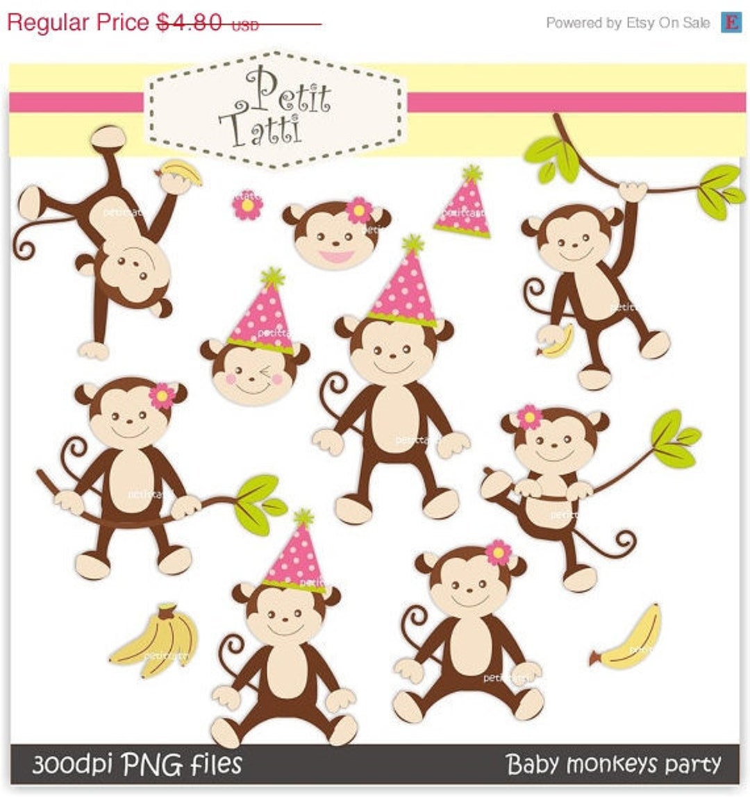 ON SALE Monkey Girls Digital Clip Art - Baby Monkey Party Girls ...