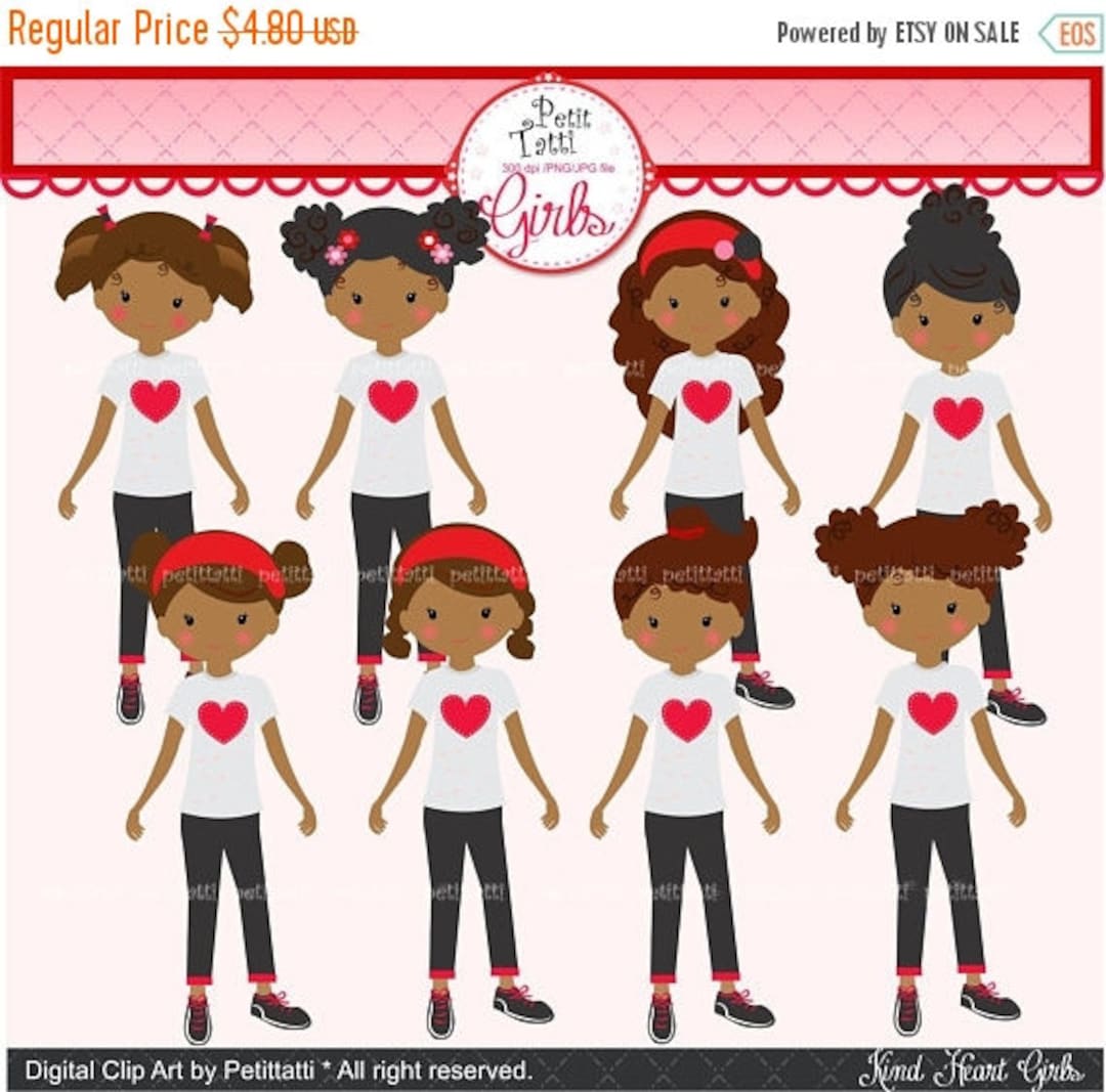 ON SALE African American Girls Clip Art _ Heart Love Valentines Girl ...