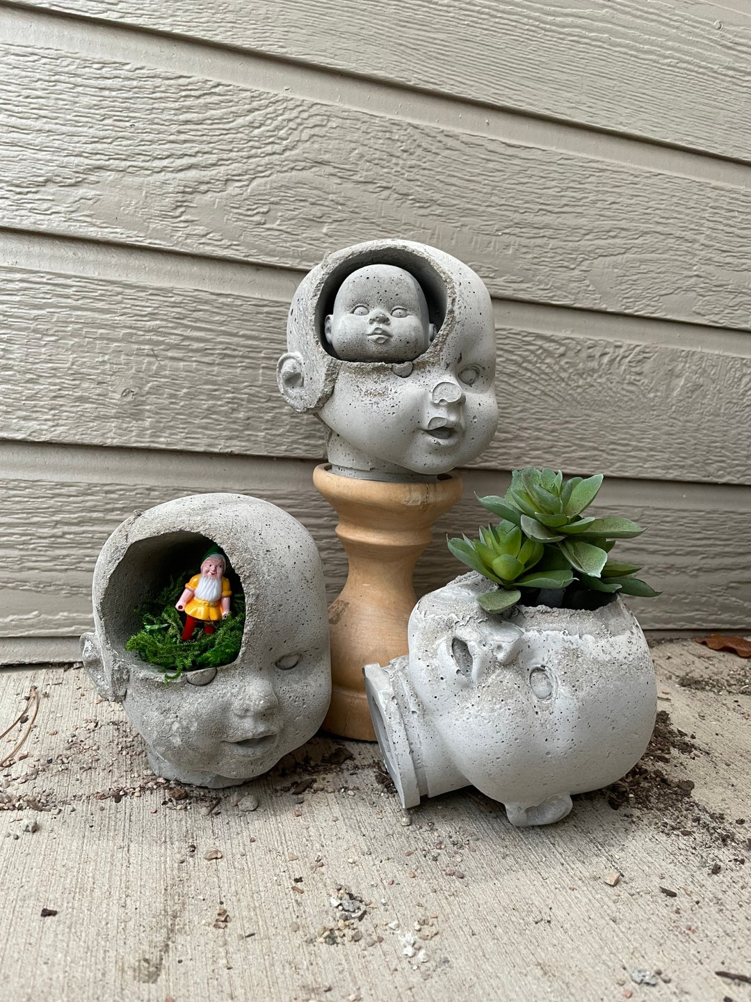 Large Sideways/fallen Concrete Baby Doll Head Planter Decoration Garden ...