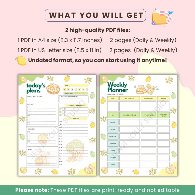 Colorful Kawaii Lemon Focus Planner, Cute Undated Daily and Weekly PDF ...