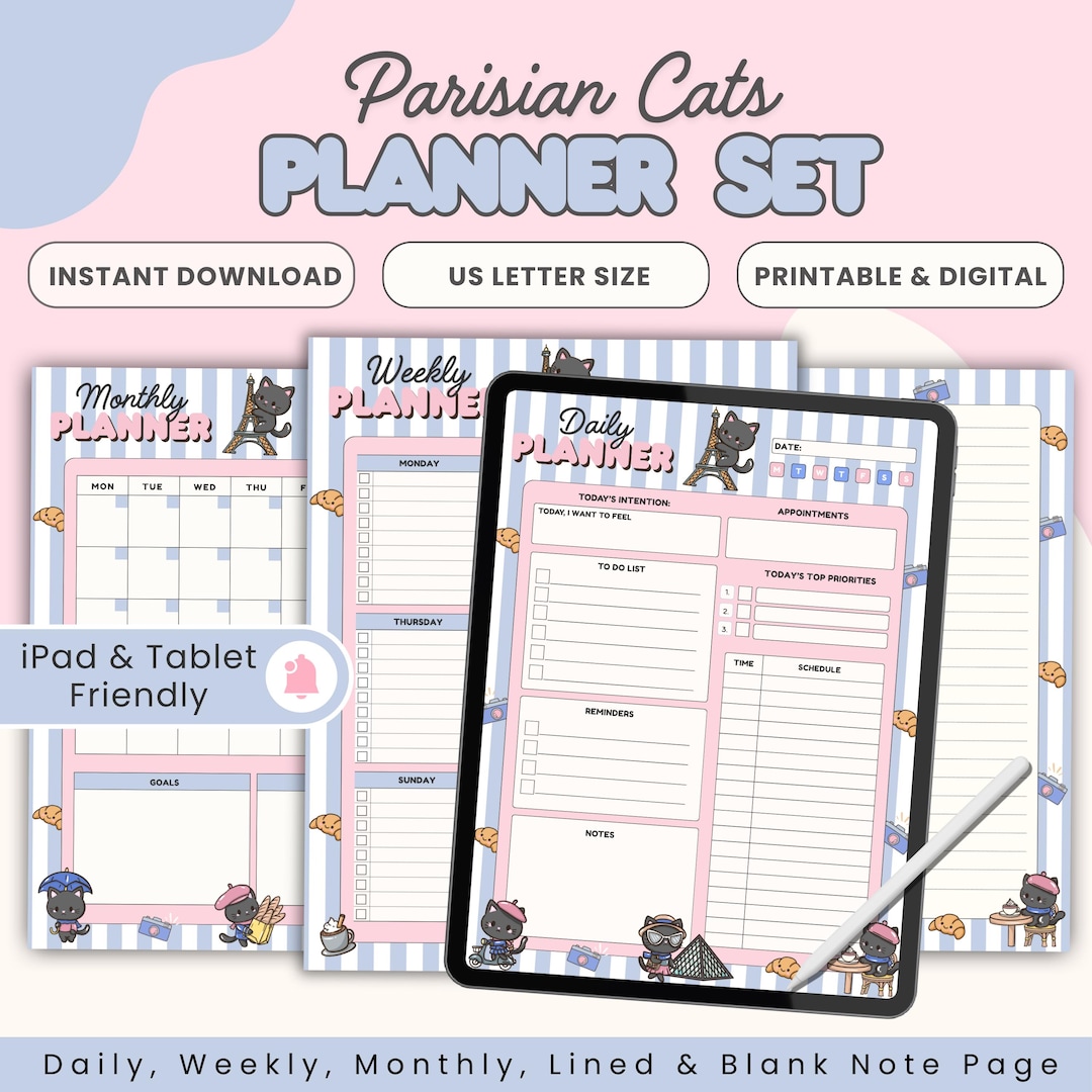 Parisian Cats Digital Planner, Cute Pastel Printable Planner PDF, Daily ...