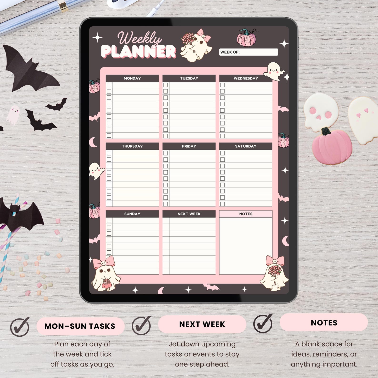 Kawaii Ghost Halloween Digital and Printable Planner, Dark Pastel To-do ...