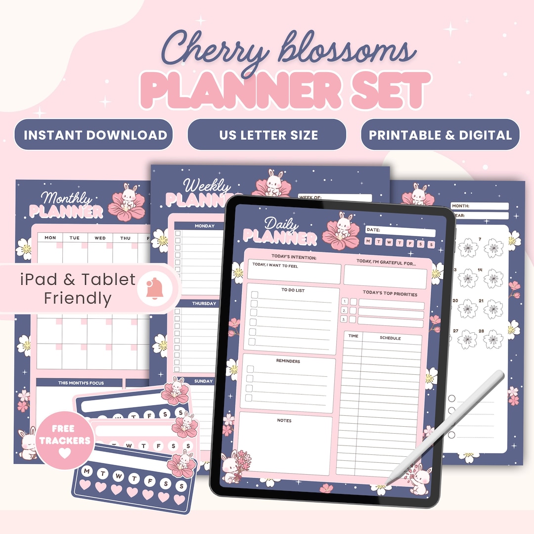 Cherry Blossom Planner Set – Printable and Digital Planner, Daily ...