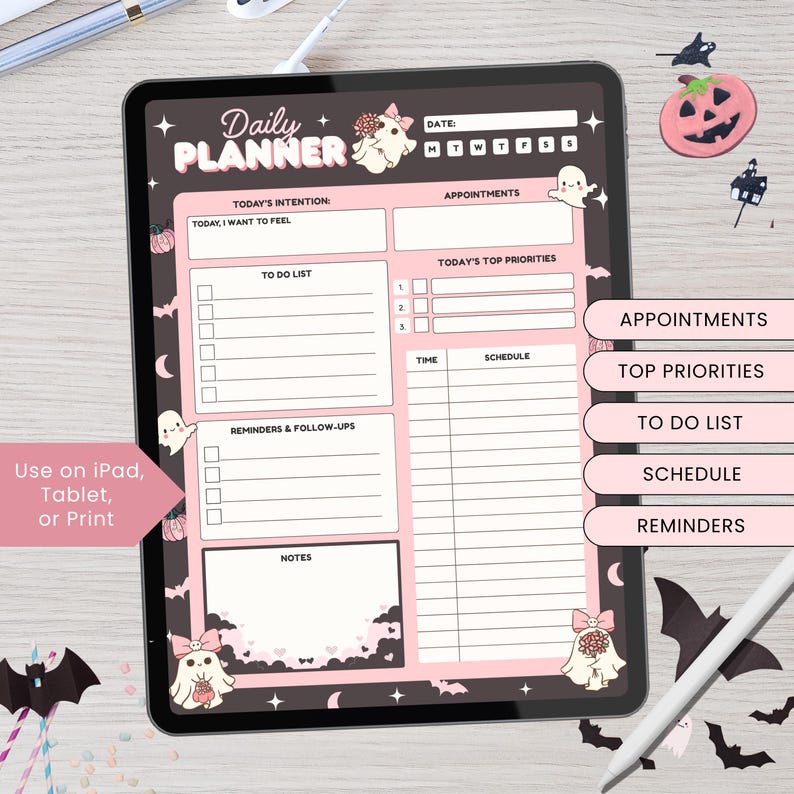 Kawaii Ghost Halloween Digital and Printable Planner, Dark Pastel To-do ...