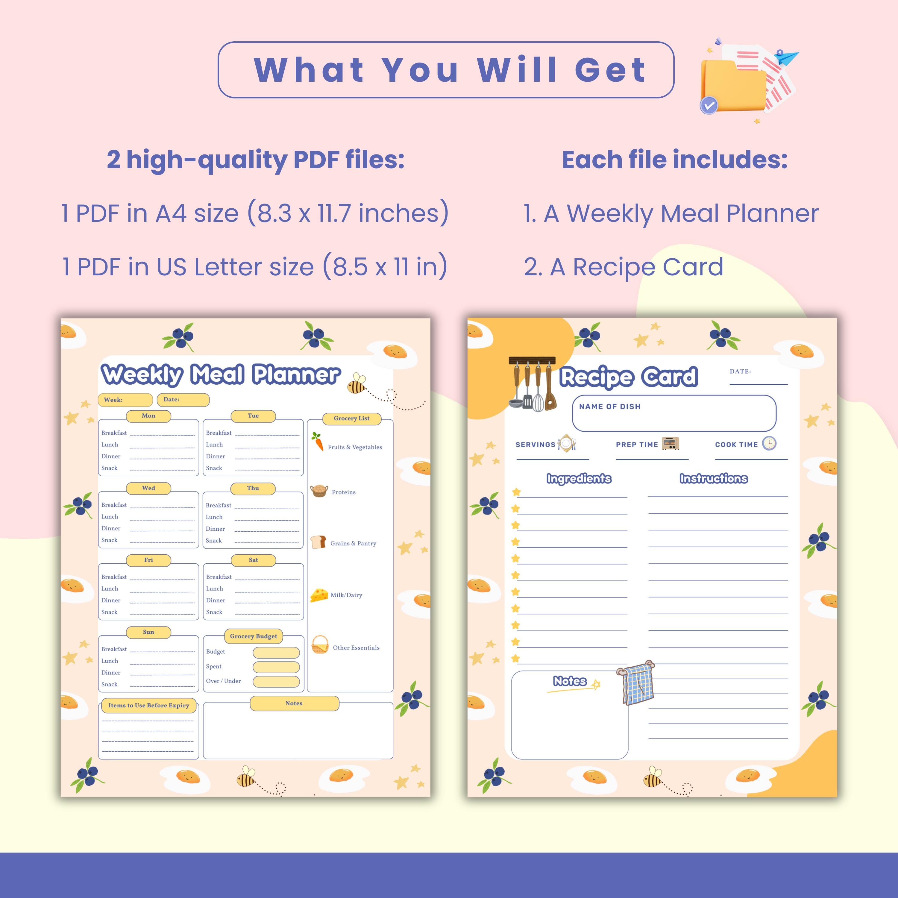 Printable Weekly Meal Planner and Recipe Card Set in A4 and US Letter ...
