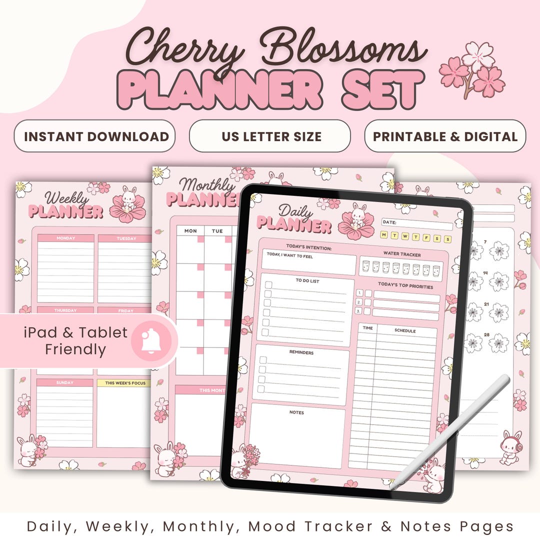 Cherry Blossom Planner Set – Printable and Digital Planner, Daily ...