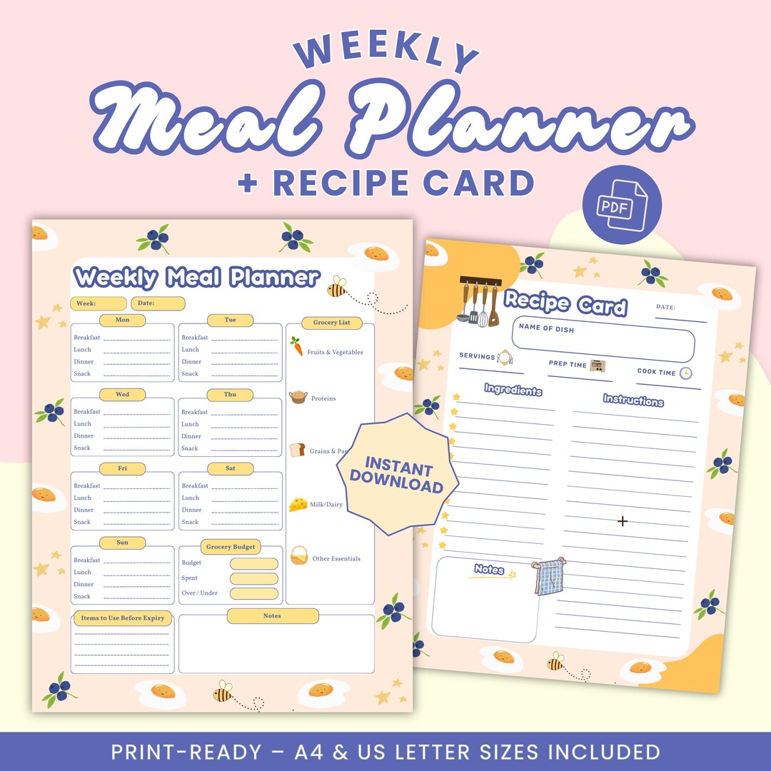 Printable Weekly Meal Planner and Recipe Card Set in A4 and US Letter ...