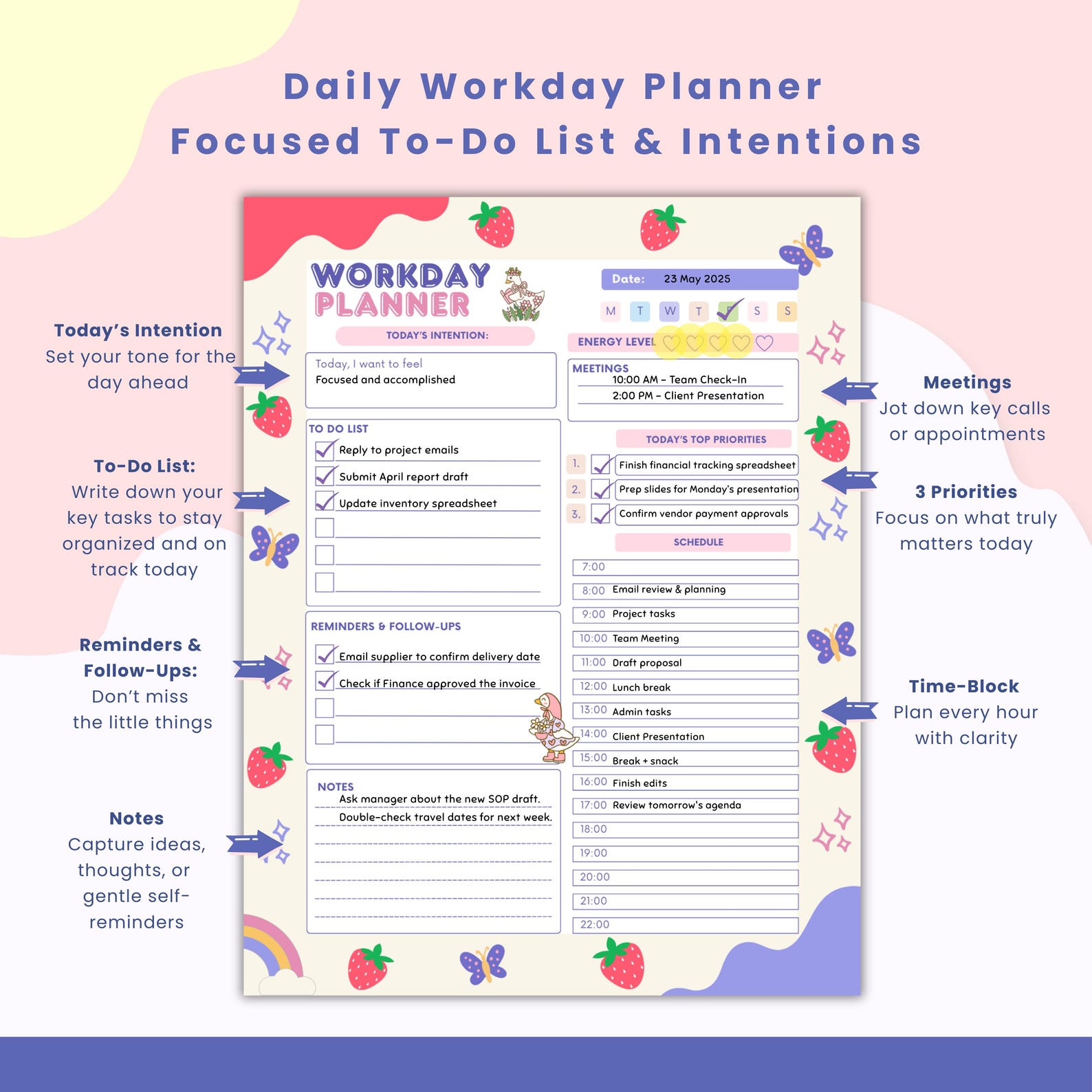 Spring Workday Planner Printable – Cute Goose Daily Schedule, Time ...