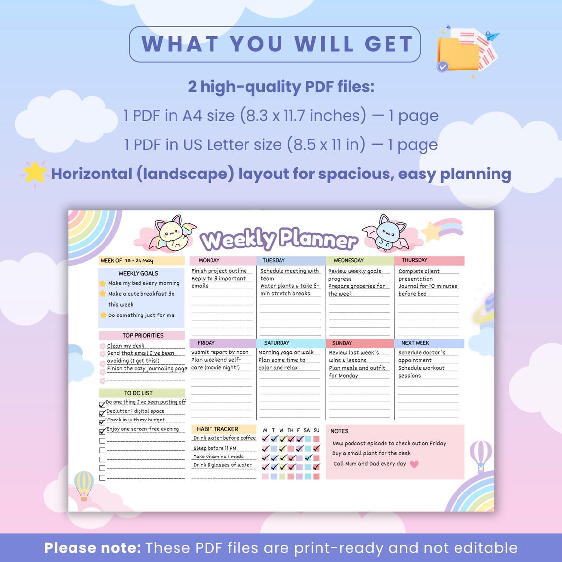 Pastel Weekly Planner Printable: Habit Tracker, Goal Setting (A4/US ...