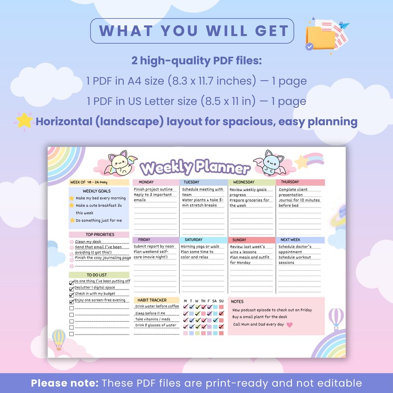 Pastel Weekly Planner Printable: Habit Tracker, Goal Setting (A4/US ...