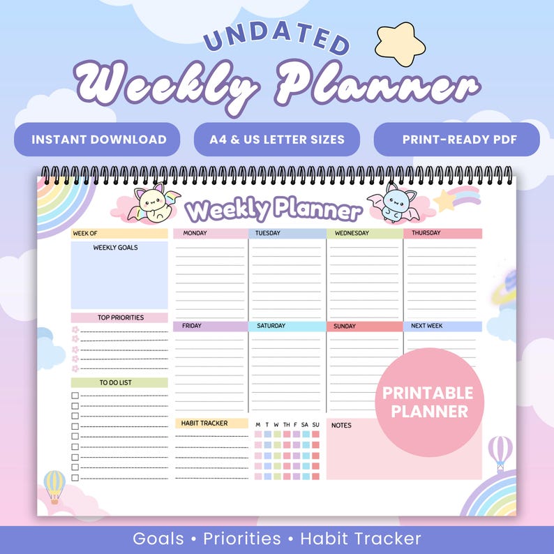 Pastel Weekly Planner Printable: Habit Tracker, Goal Setting (A4/US ...