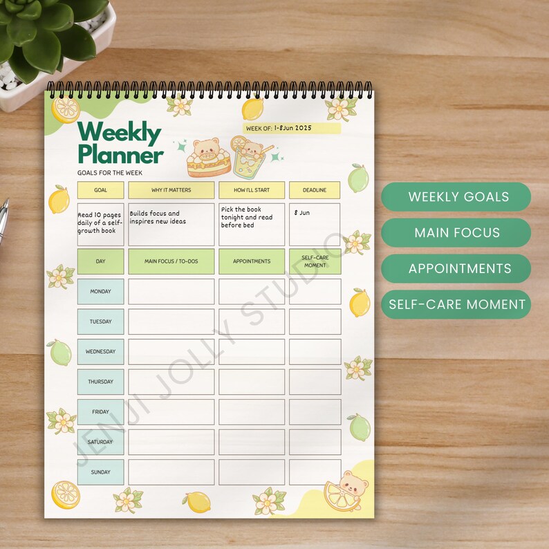 Colorful Kawaii Lemon Focus Planner, Cute Undated Daily and Weekly PDF ...